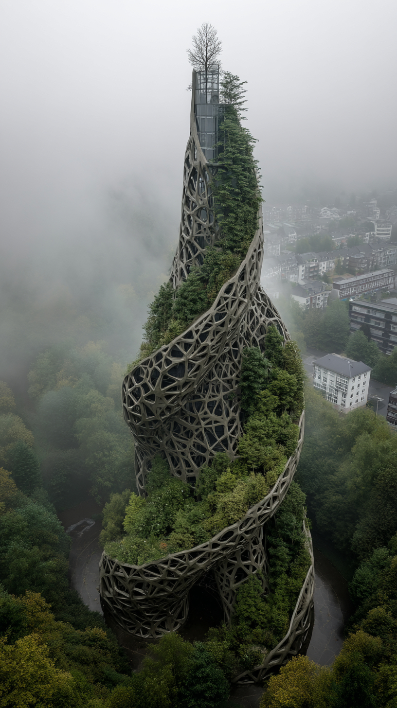 A new urban biotower built with biomaterials resembles a towering ...